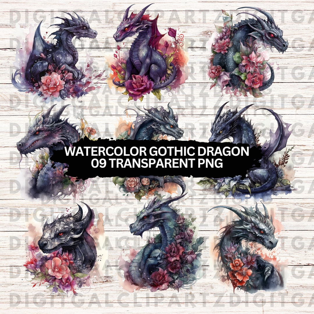 Watercolor Gothic Dragon With Roses II Clip Art- 09 Transparent PNG ...