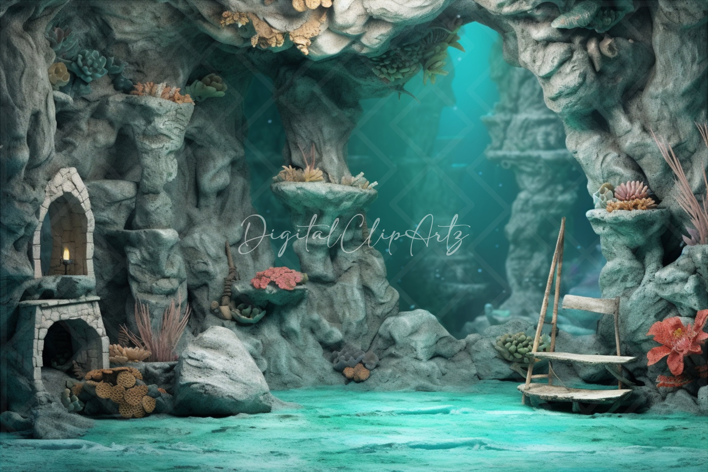 Mermaid Grotto Digital Backdrop, Digital Photography Backdrop, Digital ...