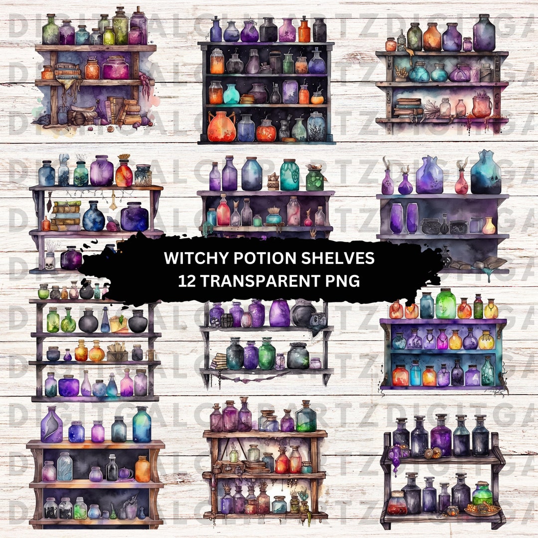 Watercolor Witchy Potion Shelves Clip Art- 12 Transparent PNG Files ...