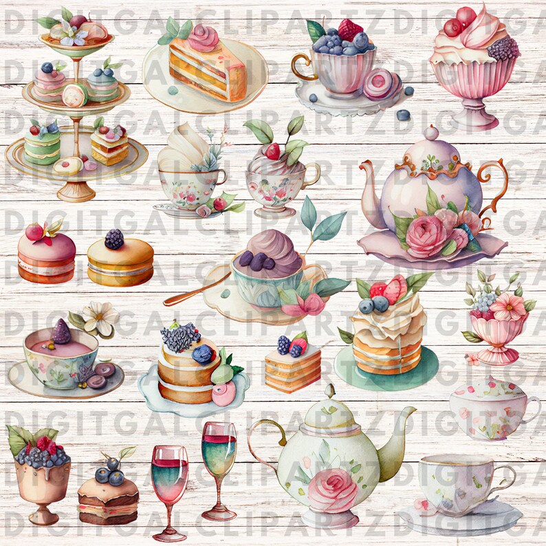 High Tea Clip Art Set - 20 Transparent PNG Files - Digital Download ...