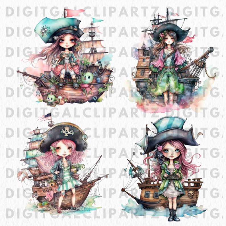 Watercolor Pirate Princess Ship Clip Art 12 Transparent PNG Files ...