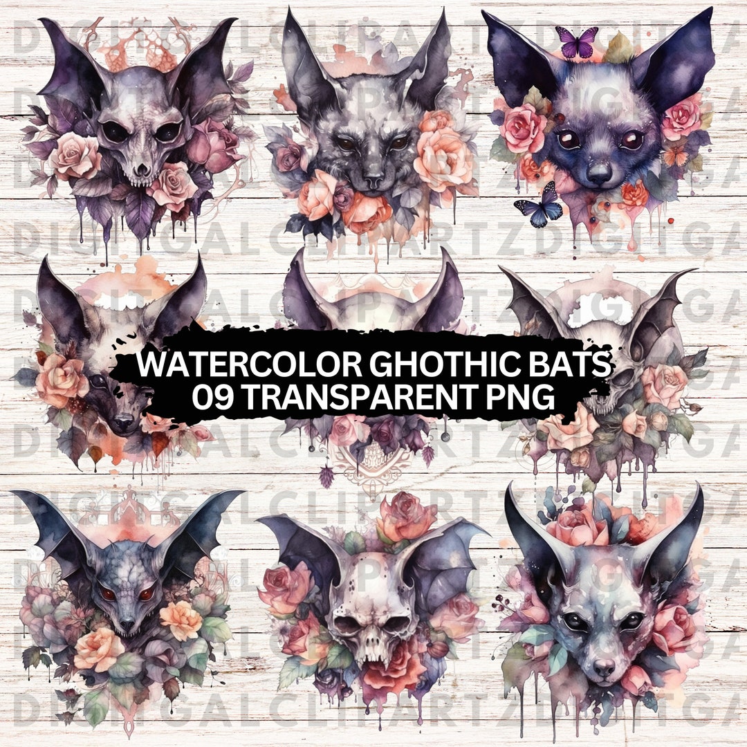 Watercolor Gothic Bats With Roses Clip Art- 09 Transparent PNG Files ...
