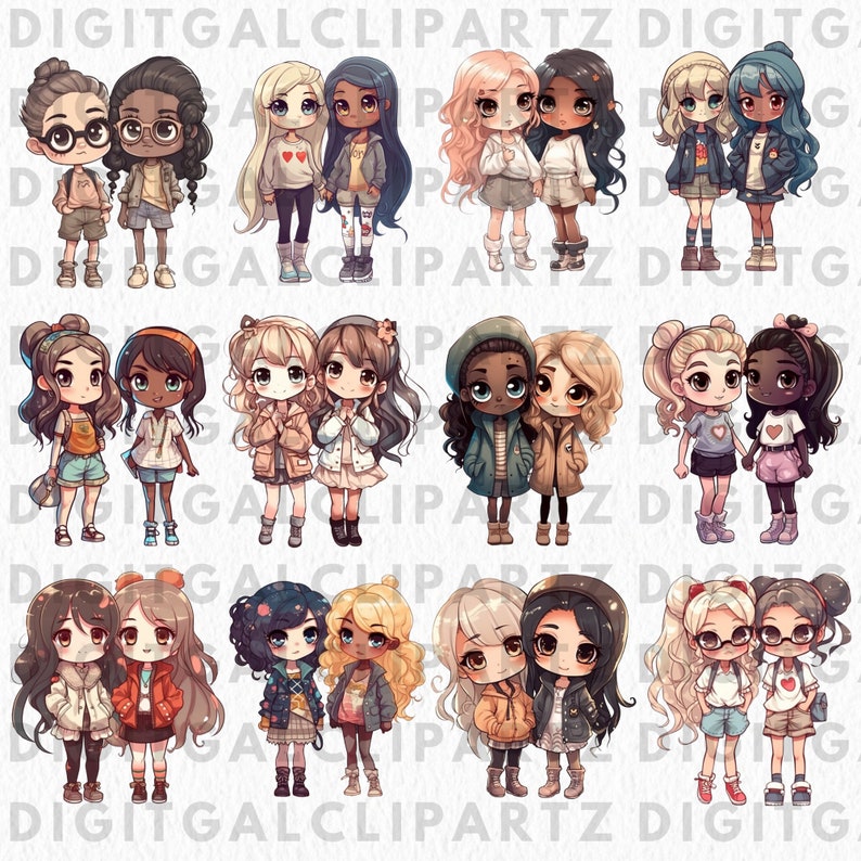 Cute Chibi Friends Clip Art 12 Transparent PNG Files-digital Download ...