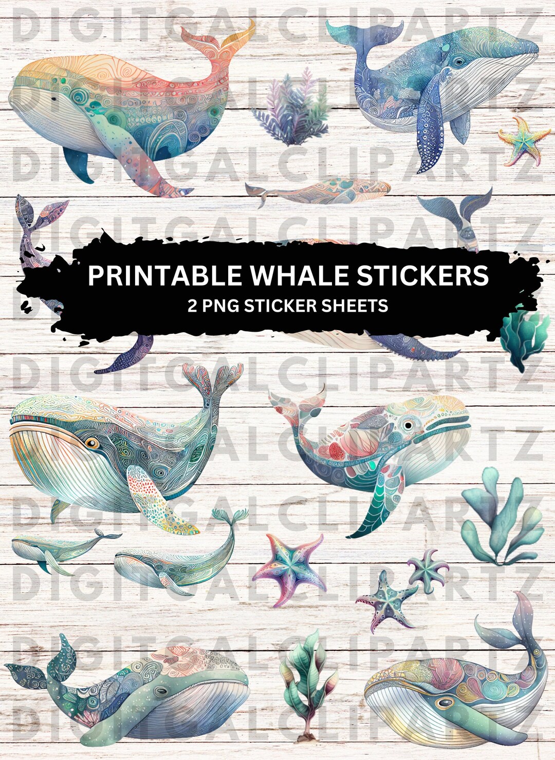 Watercolor Whale Printable Stickers PNG Download Digital Designs Print ...
