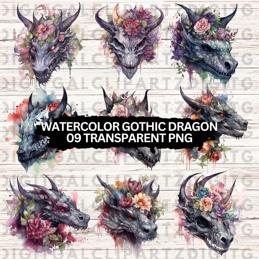 Watercolor Gothic Dragon With Roses I Clip Art- 09 Transparent PNG ...