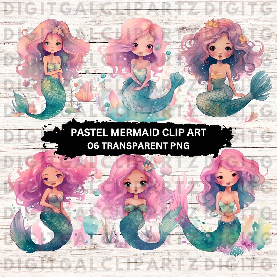 Watercolor Pastel Mermaid Clip Art- 06 Transparent PNG Files - Digital ...
