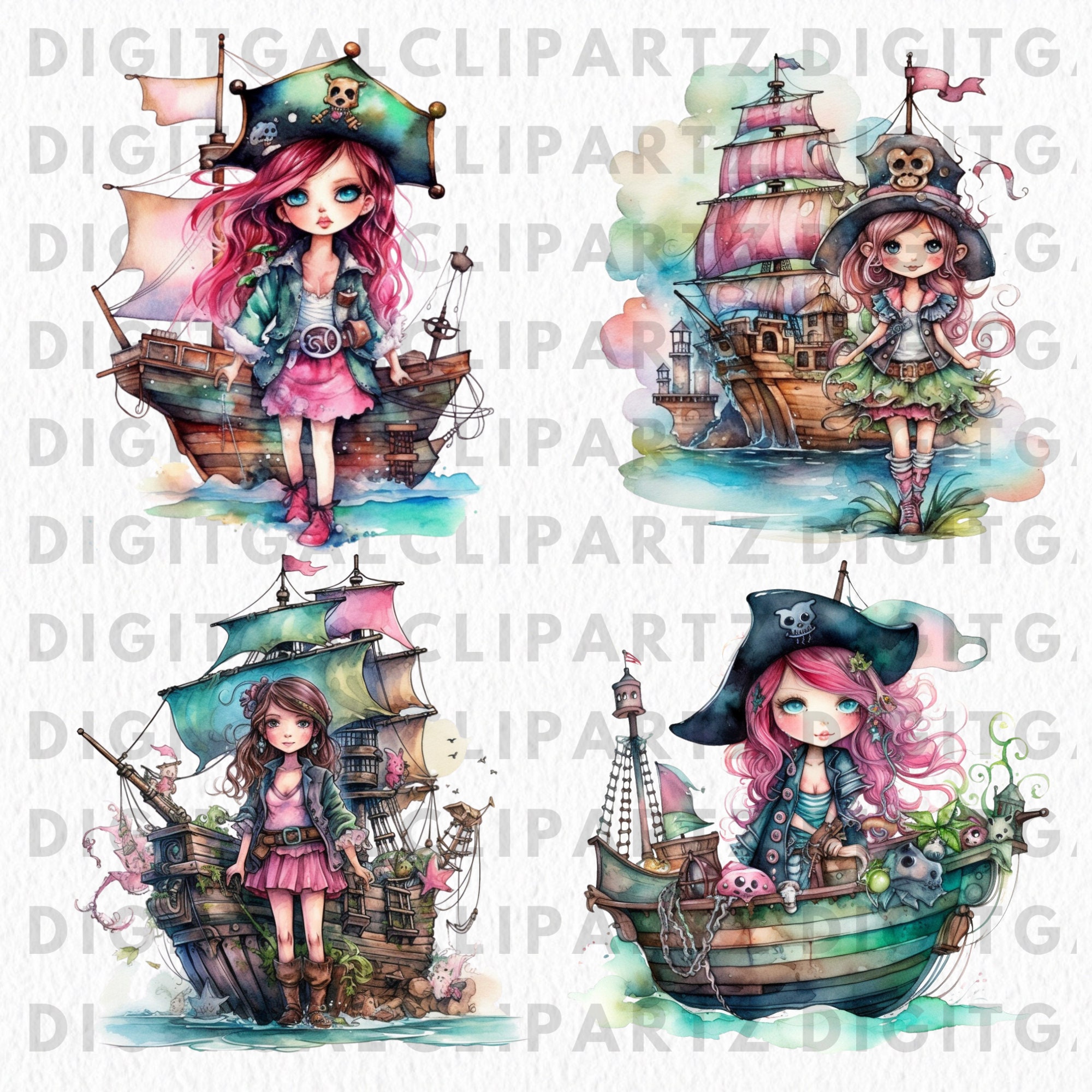 Watercolor Pirate Princess Ship Clip Art 12 Transparent PNG Files ...