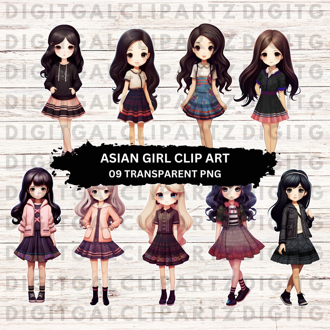 Asian Girl Clip Art- 09 Transparent PNG Files - Digital Download - Cute ...