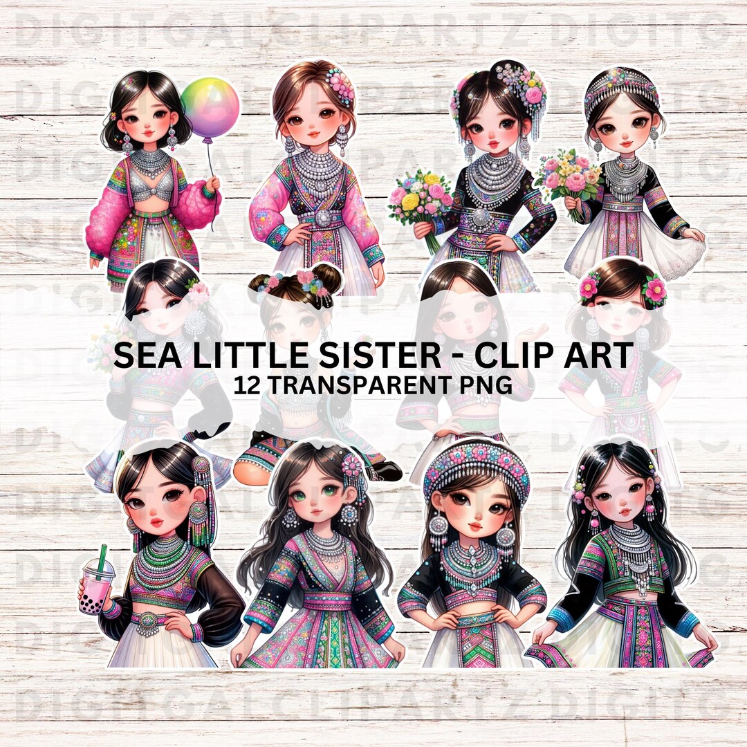 SEA Little Sister 12 Transparent PNG Files Watercolor Digital Download ...