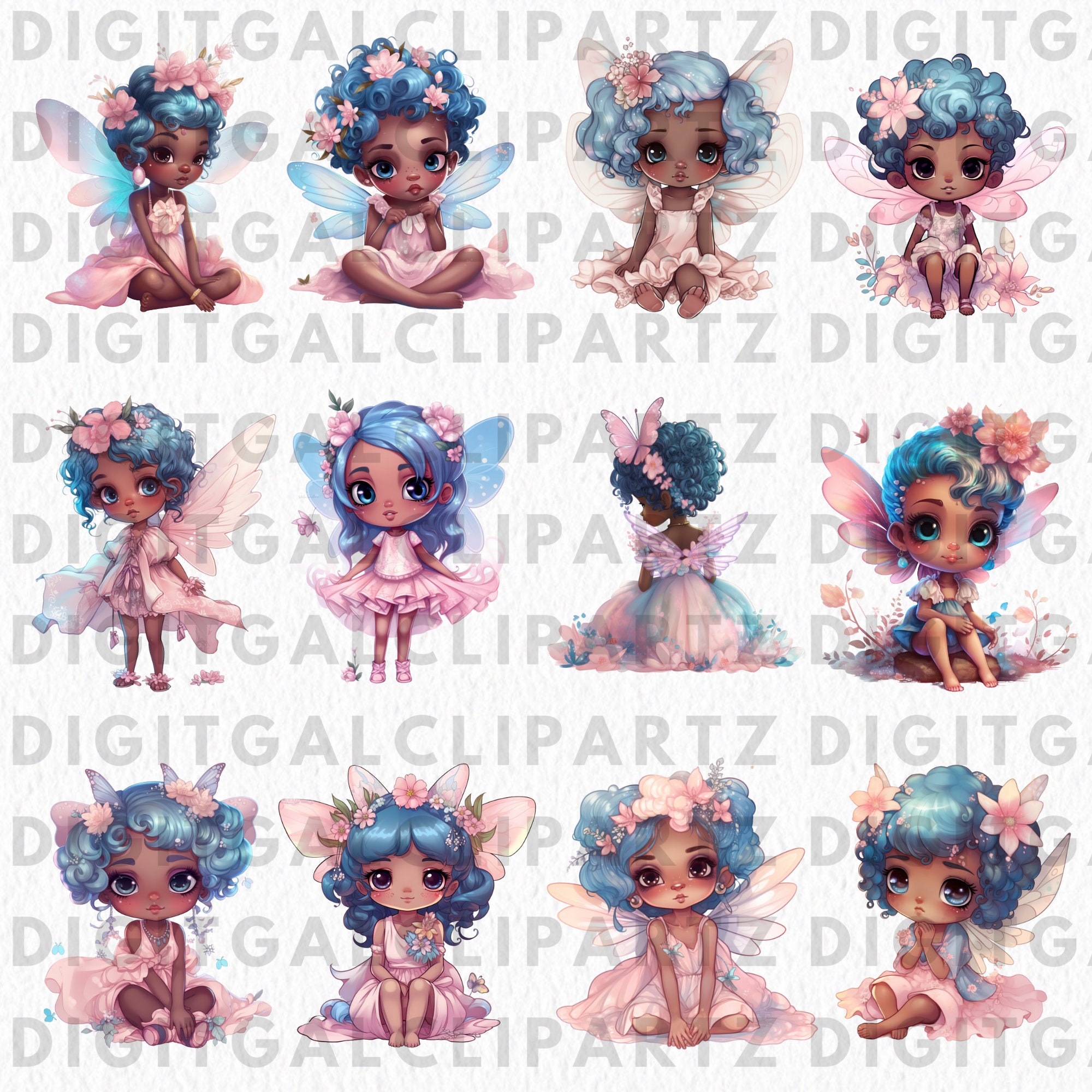 Ethereal Melanin Chibi Fairy Clip Art 12 Transparent PNG Files-digital ...