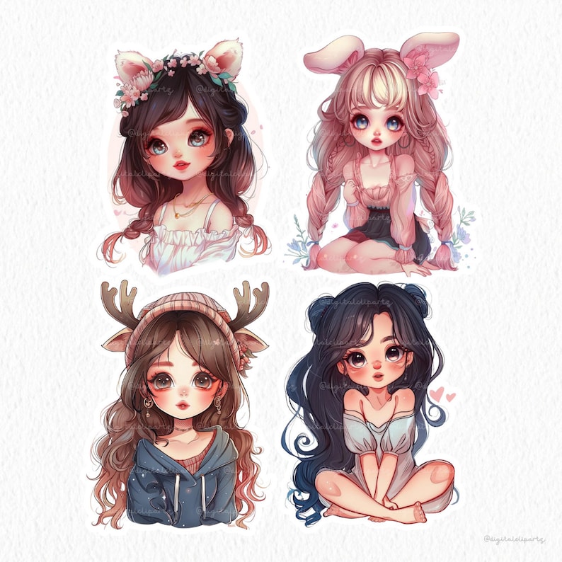 Kawaii Chibi Girls 12 Transparent PNG Files Digital Download Cute ...