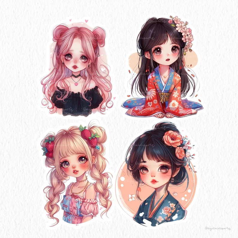 Kawaii Chibi Girls - 12 Transparent PNG Files Digital Download Cute ...