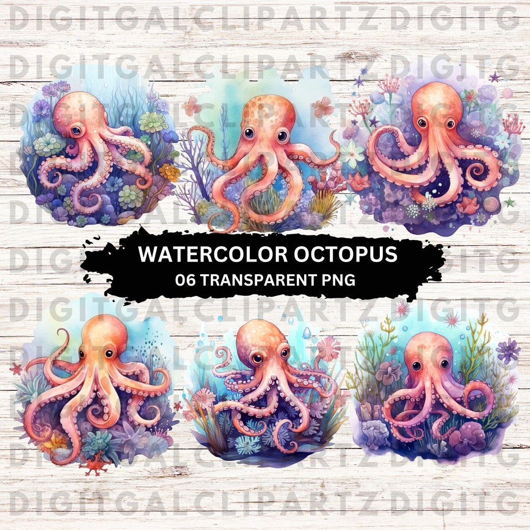 Watercolor Octopus Clip Art 06 Transparent PNG Files Digital Download ...