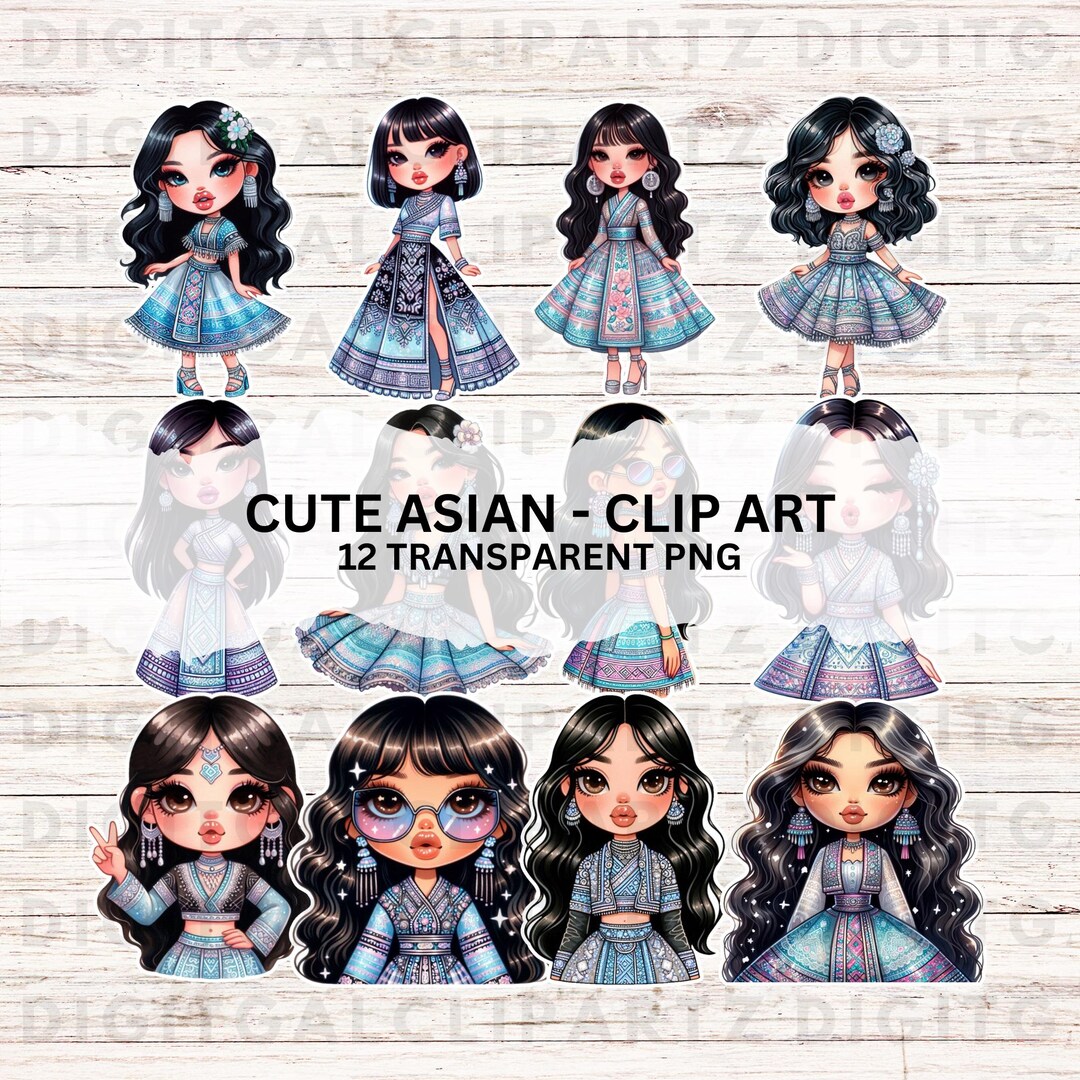 Cute Asians 12 Transparent PNG Files Watercolor Digital Download ...