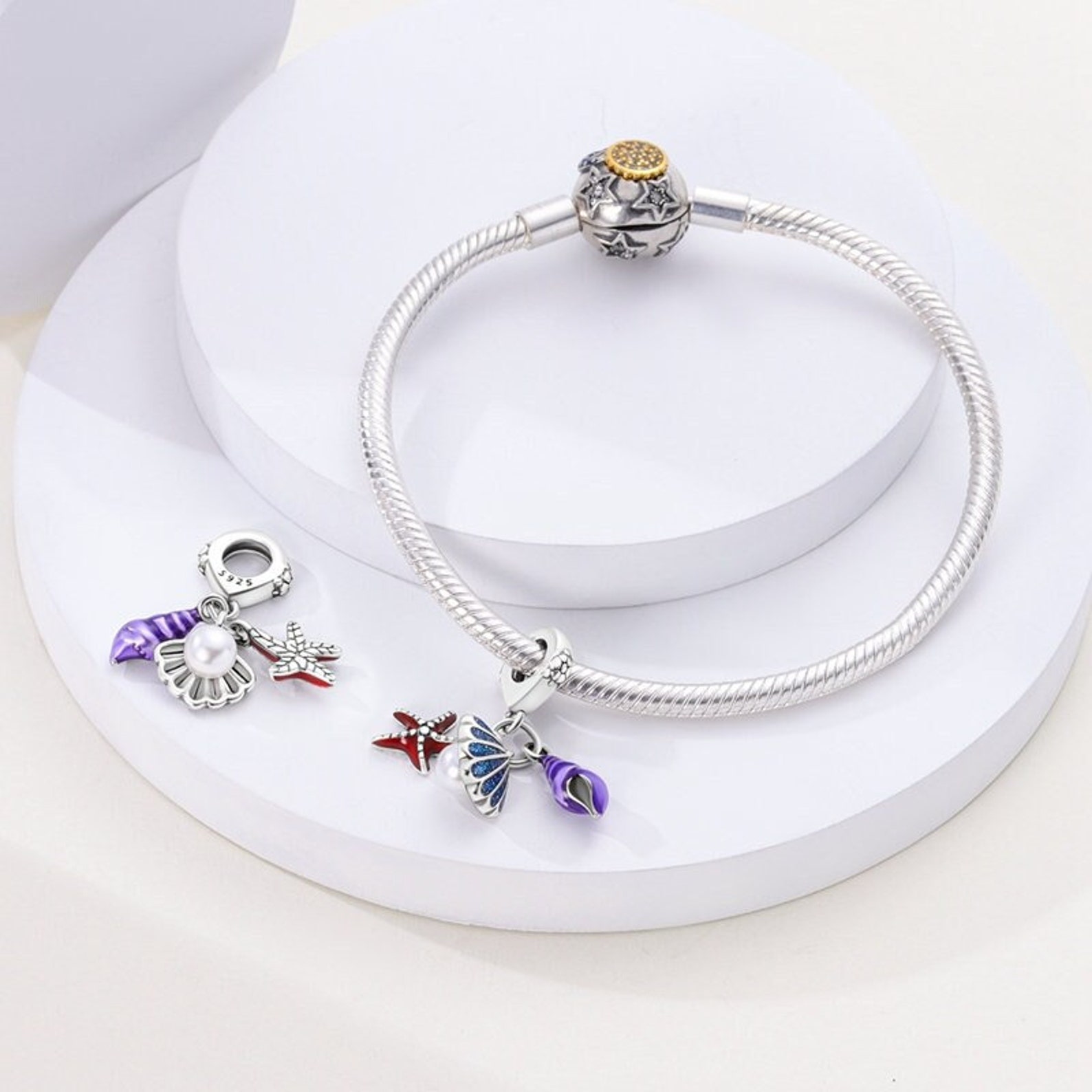 Sea Shell Clam Conch Star Fish Charm Bracelet Compatible Pandora Comp ...