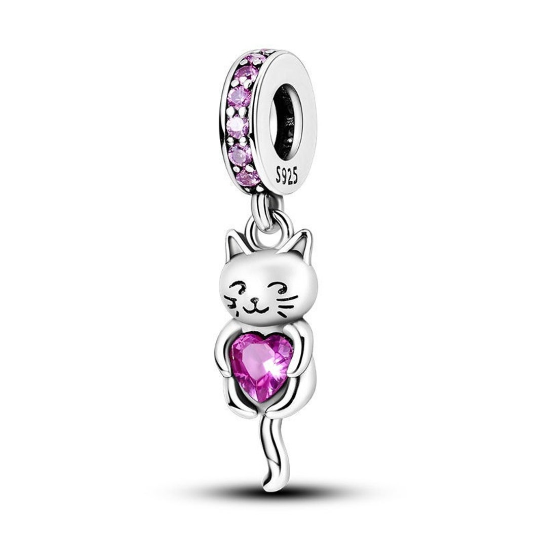 Cute Cat Kitten Ruby Pink Love Heart Pandora Charm Bracelet Compatible ...