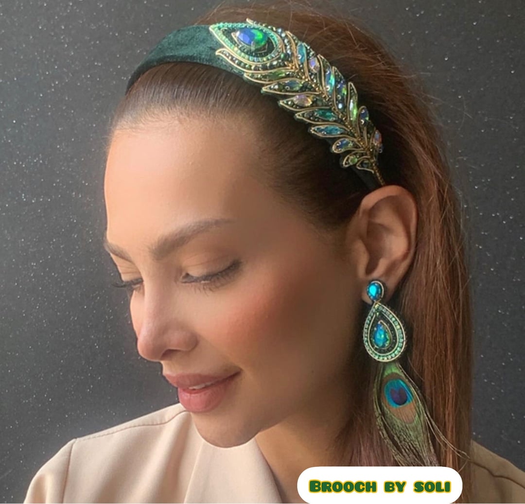 Elegant Peacock Feather-inspired Headband and Earring Set Handmade ...