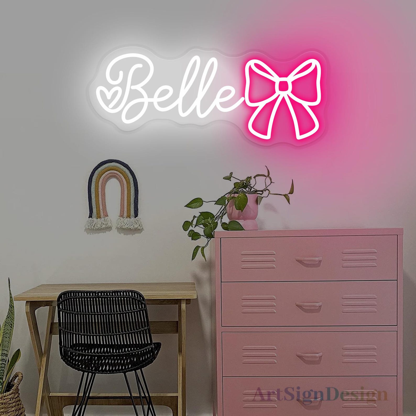 Custom Bow Name Neon Sign,pink Bow Neon Sign,pink Trendy Wall Art,girl ...