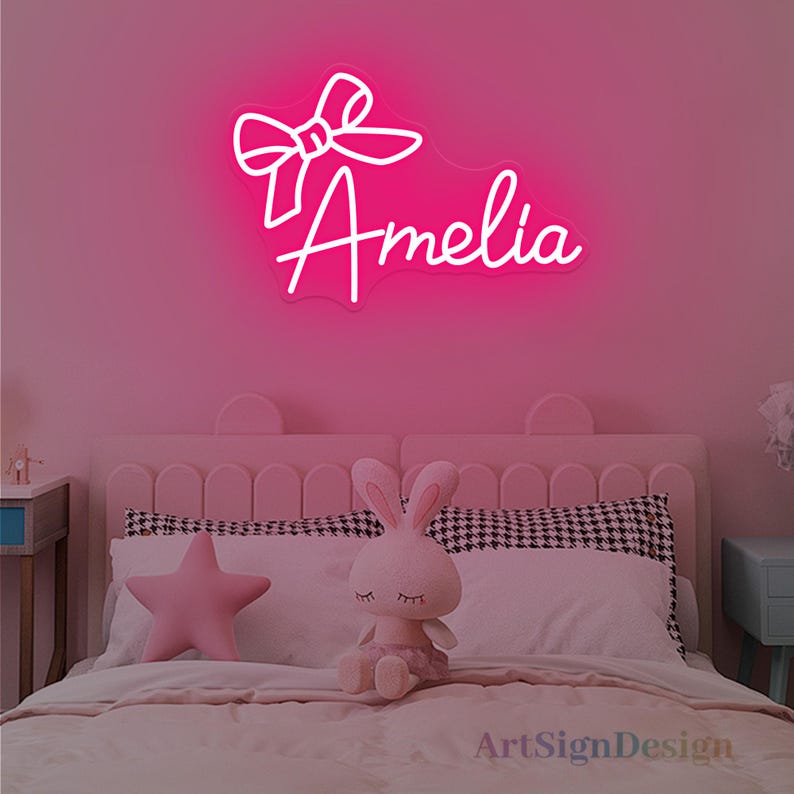 Custom Bow Name Neon Sign,pink Bow Neon Sign,pink Trendy Wall Art,girl ...