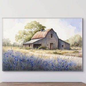Watercolor Barn Art, Vintage Farmhouse Wall Art With Wildflowers, Texas ...