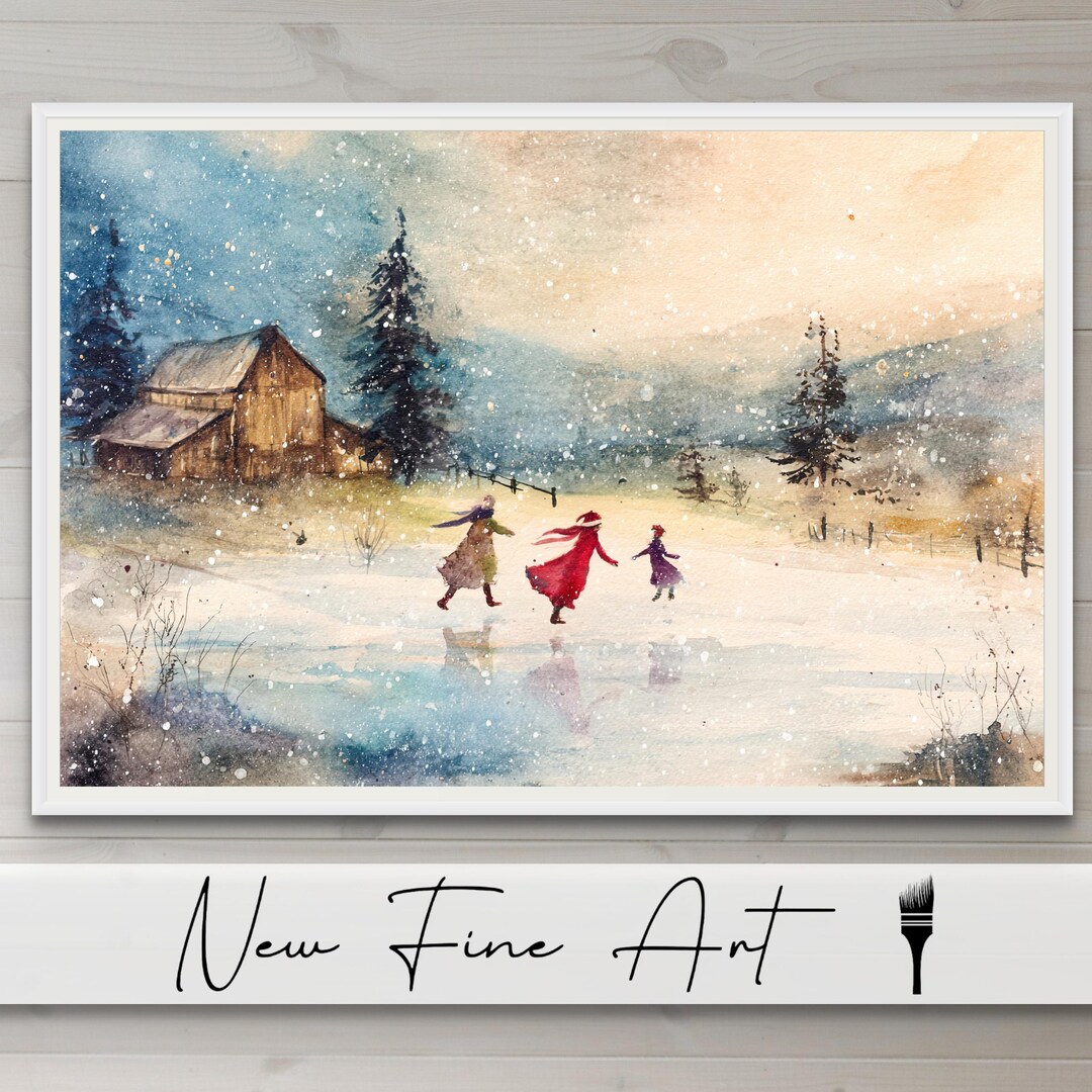 Christmas Barn Ice Skating Watercolor Print, Winter Farmhouse Wall Art ...