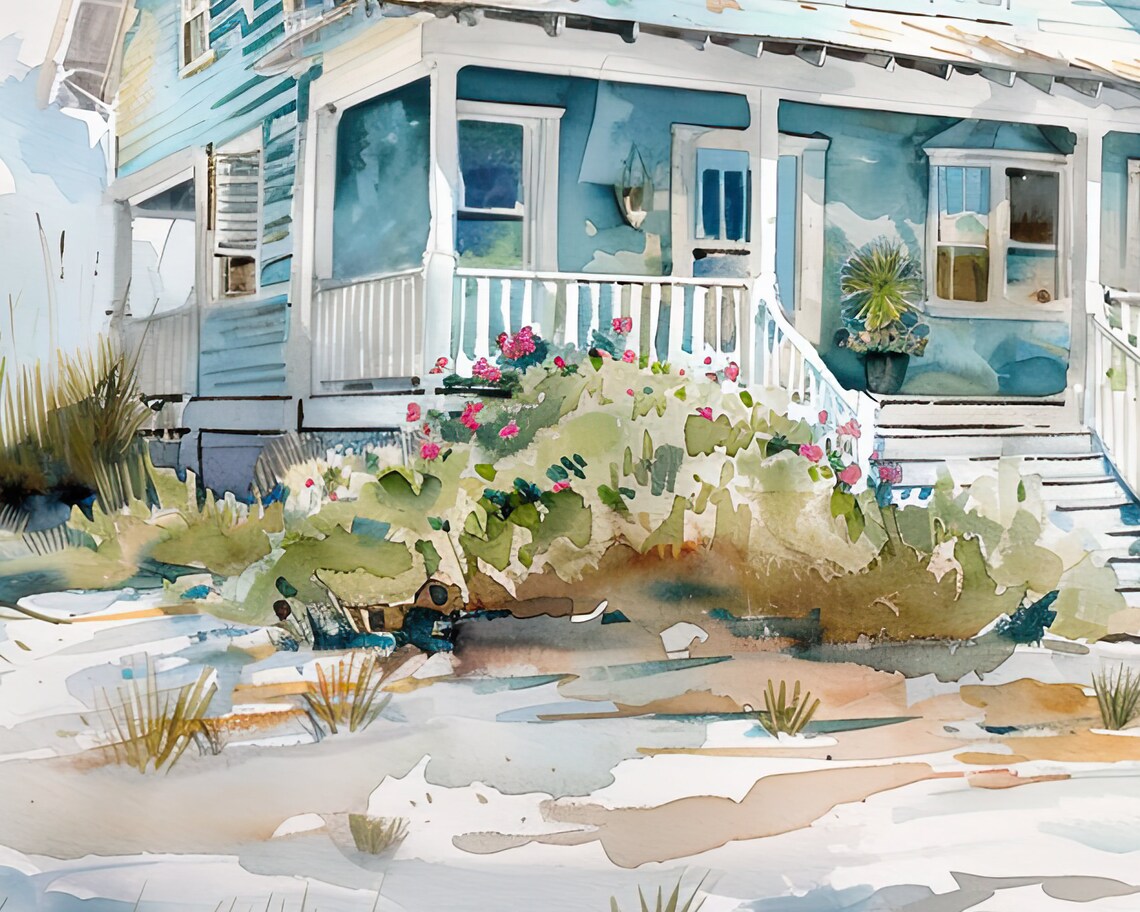 Rustic Seaside Beach Cottage Watercolor Art Print, Tranquil Coastal ...