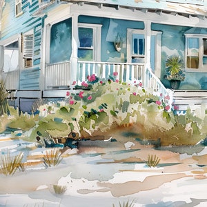 Rustic Seaside Beach Cottage Watercolor Art Print, Tranquil Coastal ...