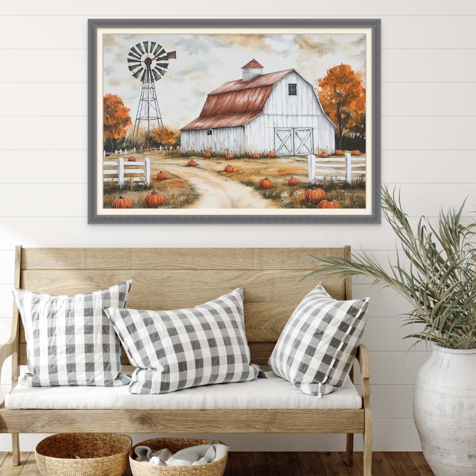 Rustic Fall Barn and Windmill Art Print With Pumpkins, Autumn Farmhouse ...