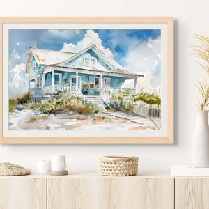 Rustic Seaside Beach Cottage Watercolor Art Print, Tranquil Coastal ...