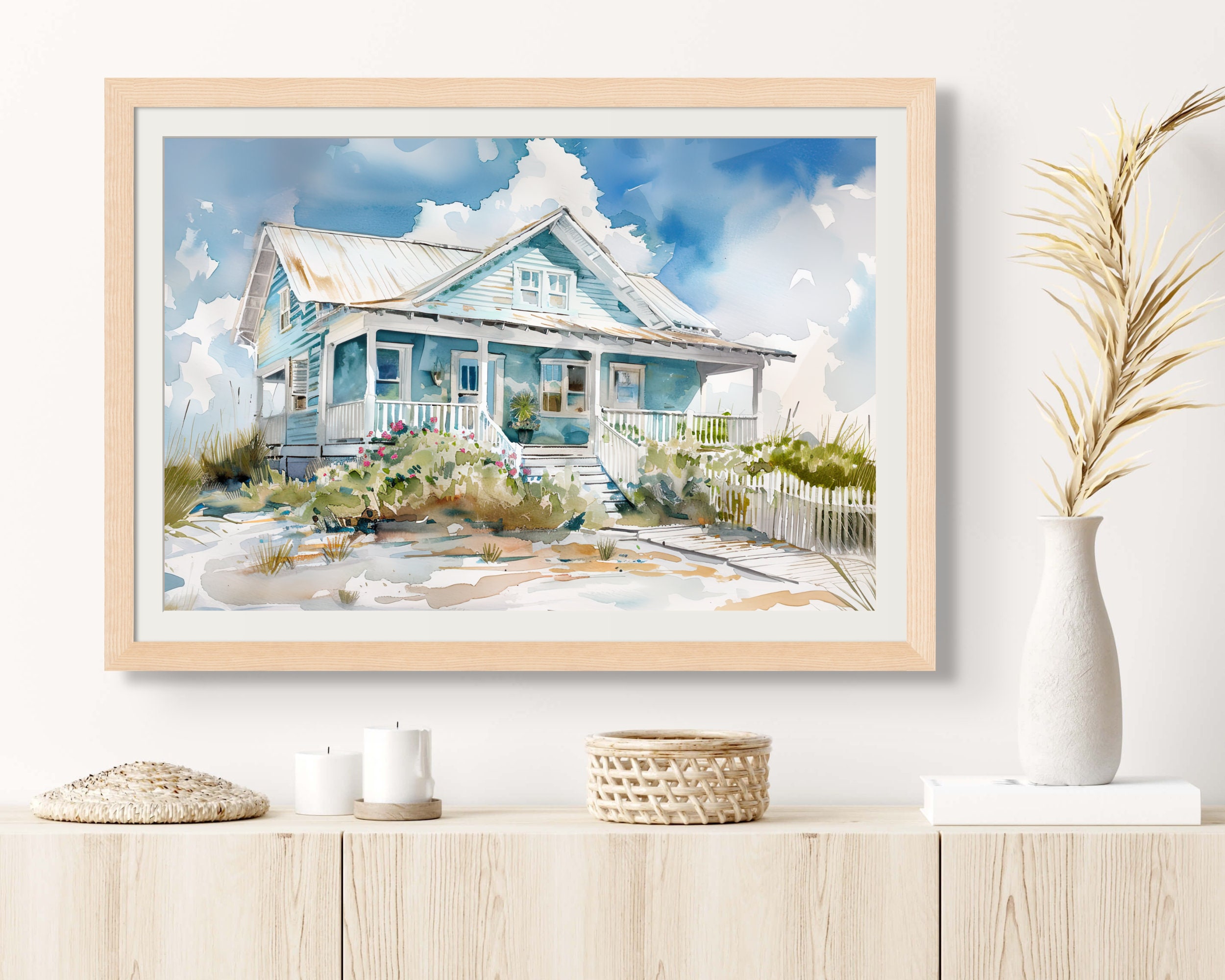 Rustic Seaside Beach Cottage Watercolor Art Print, Tranquil Coastal ...