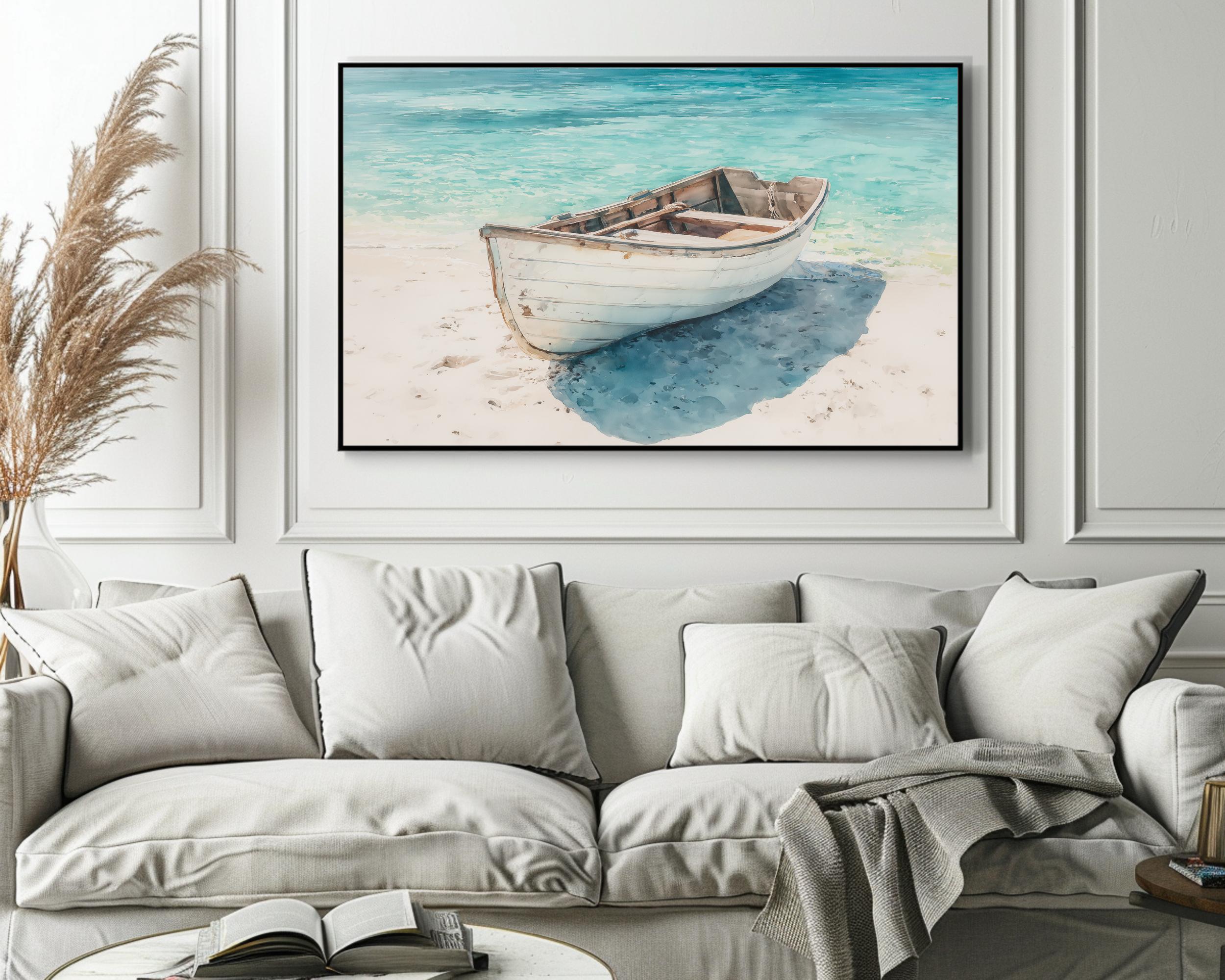 Wooden Rowboat on Tropical Shore • Coastal Beach Wall Art • Nautical ...