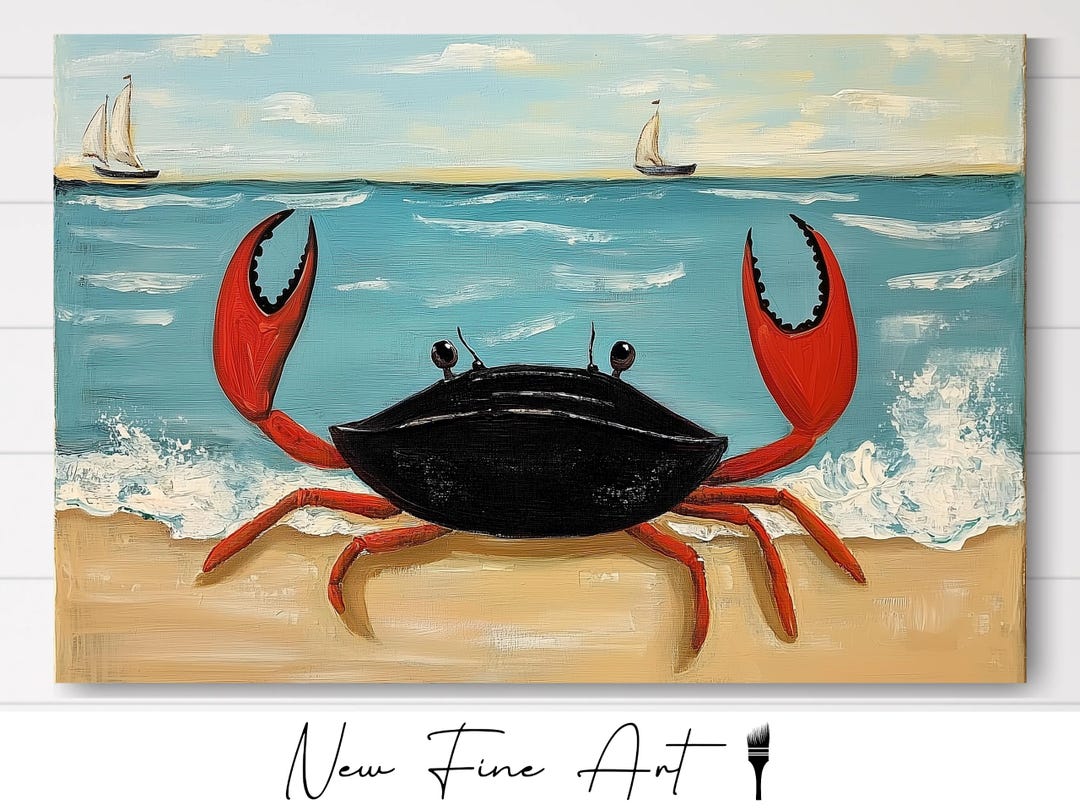 Coastal Folk Art Crab Painting – Nautical Beach Wall Decor, Hand ...