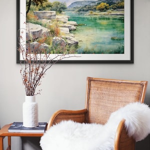 Texas Hill Country River Watercolor, Landscape Wall Art, Limestone ...