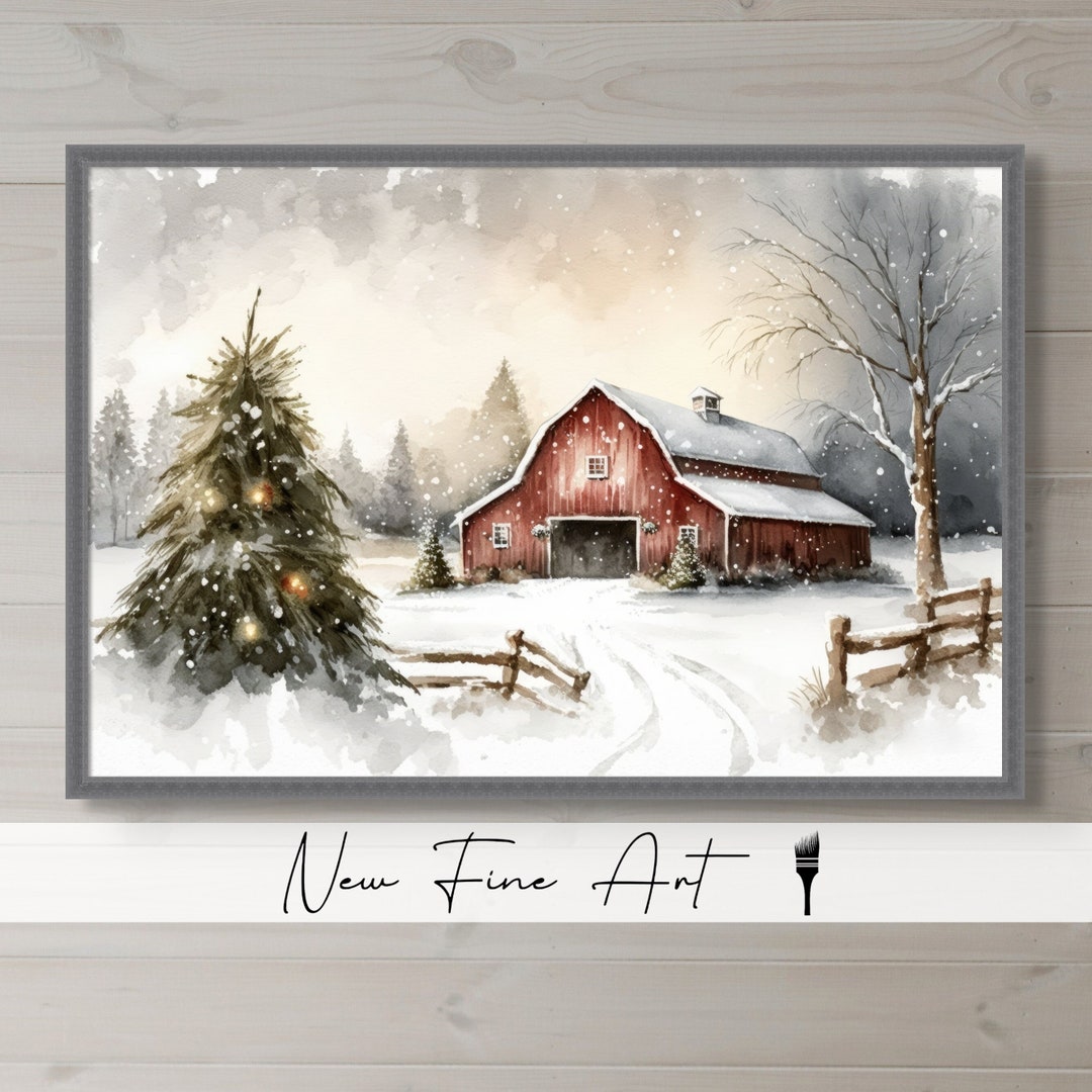 Festive Christmas Barn Art, Winter, Rustic Print, Red Barn, Country ...