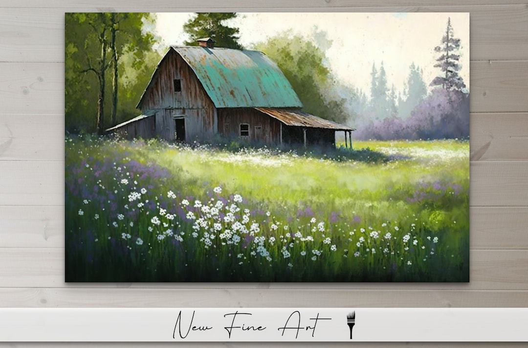 Watercolor Barn in Flower Field, Farmhouse Wall Art, Country Landscape ...