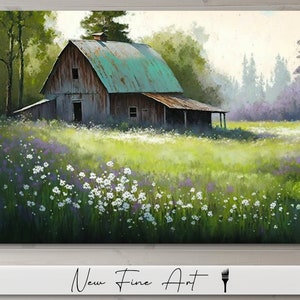 Watercolor Barn in Flower Field, Farmhouse Wall Art, Country Landscape ...