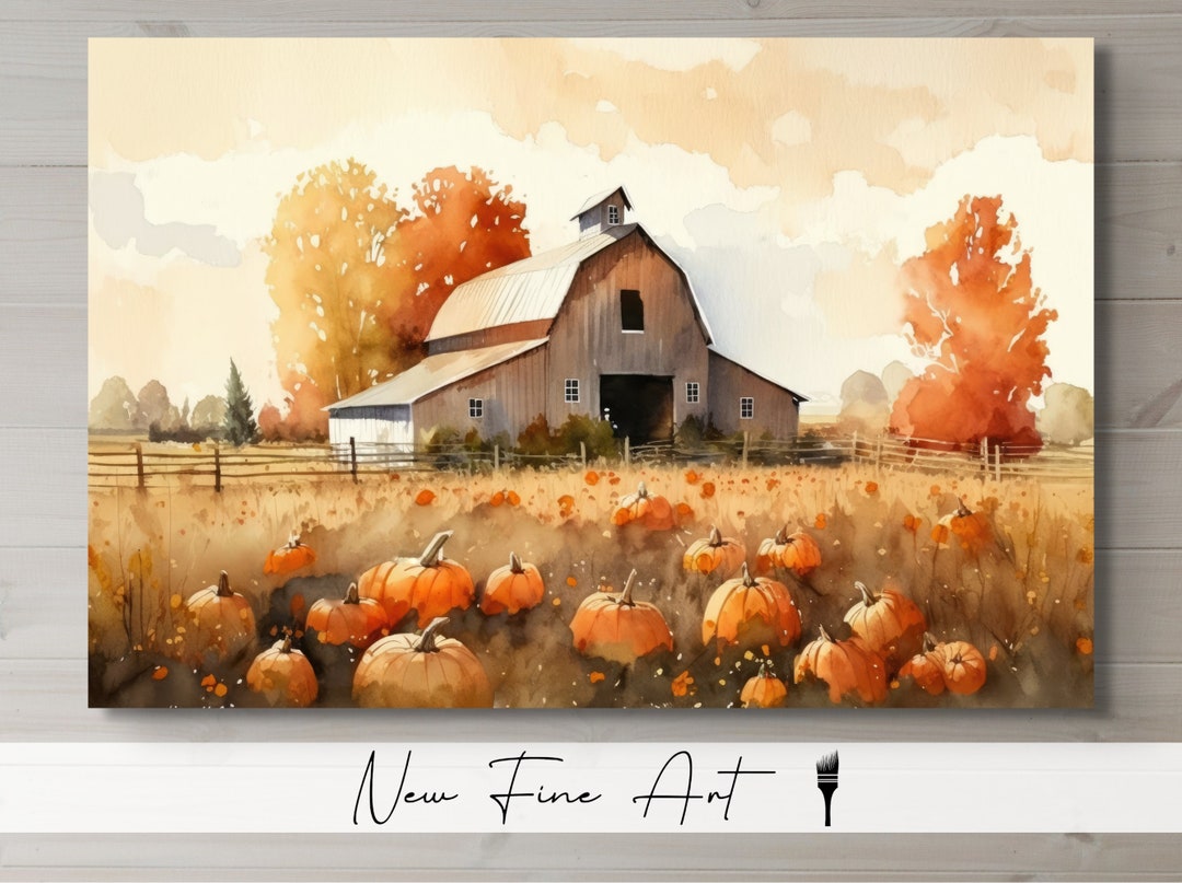 Farmhouse Pumpkin Barn Wall Art, Rustic Print, Autumn Pumpkins, Country ...
