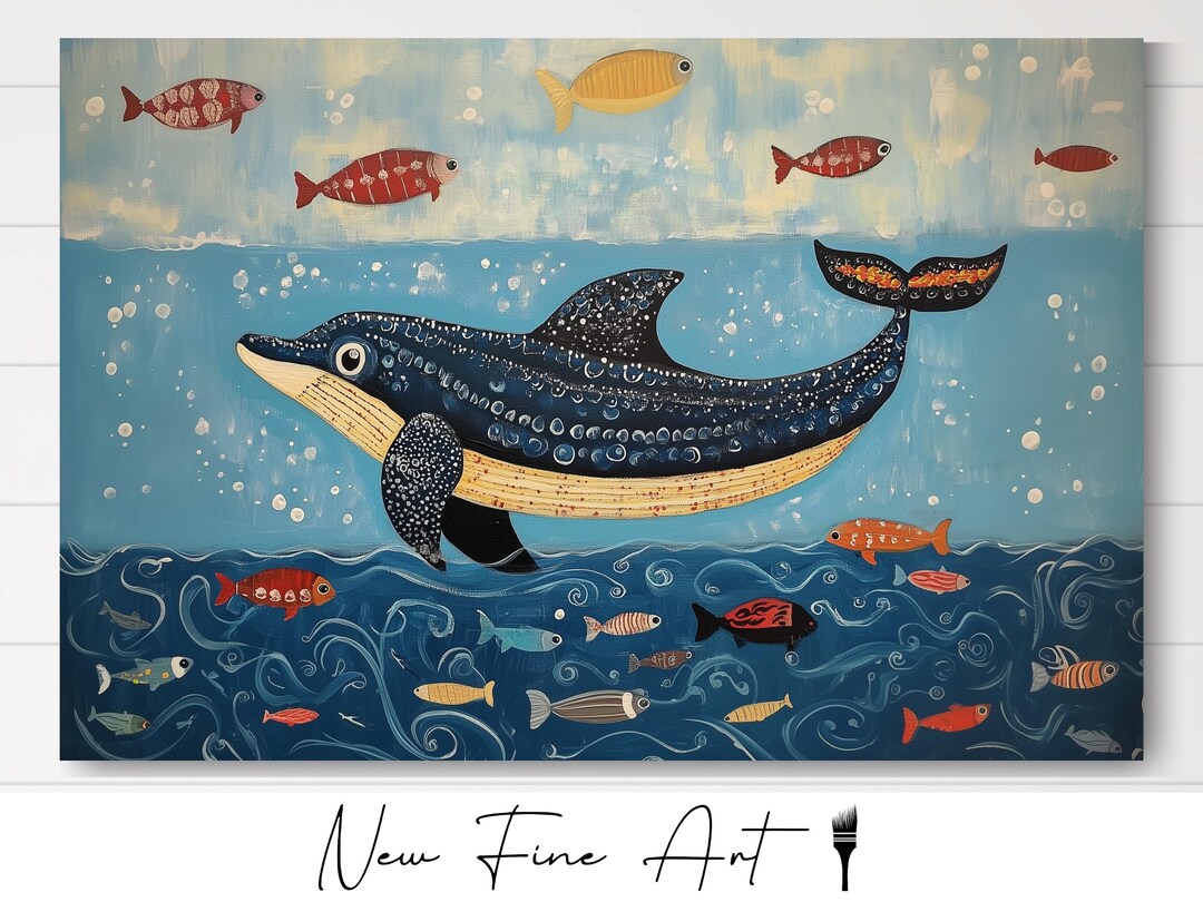 Whimsical Dolphin Wall Art - Folk Art Ocean Animal Print - Nautical ...