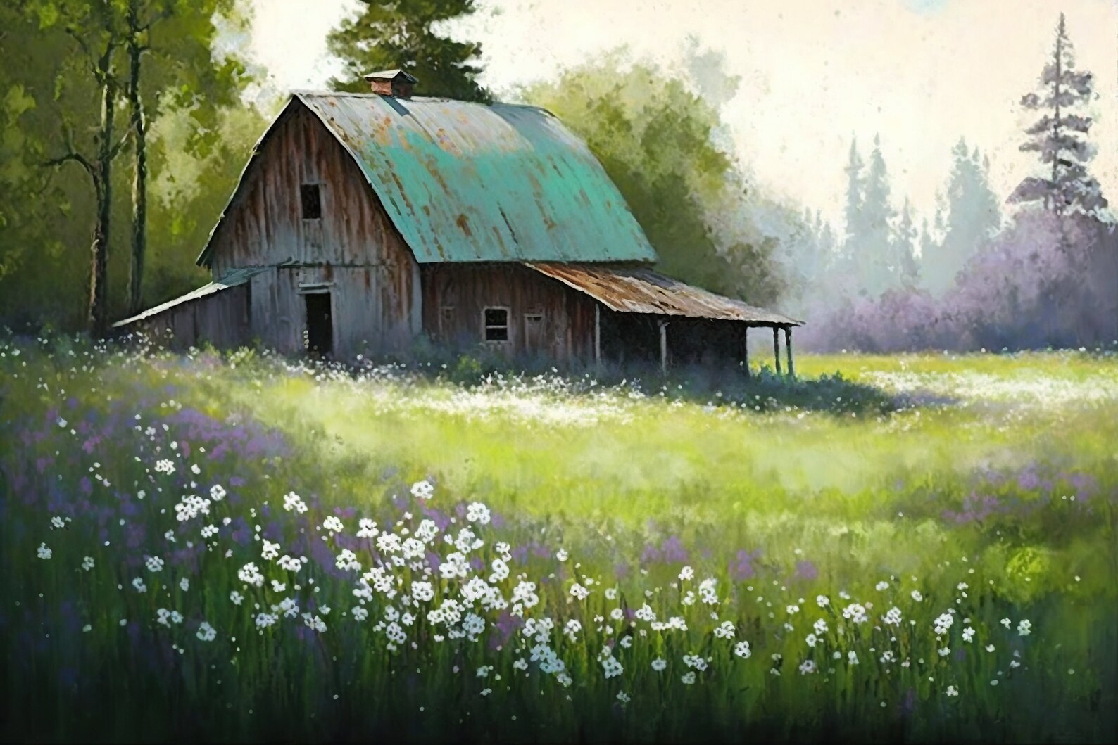 Watercolor Barn in Flower Field, Farmhouse Wall Art, Country Landscape ...