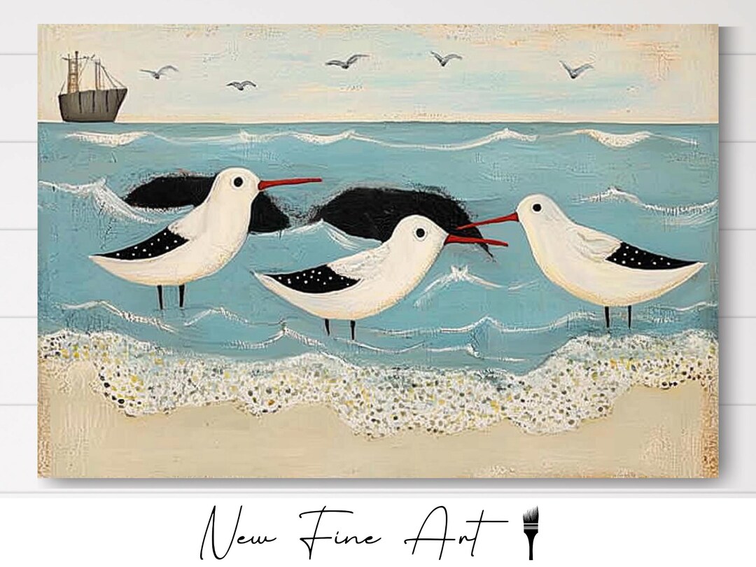 Coastal Folk Art Sandpiper Painting – Seaside Beach Wall Art With ...