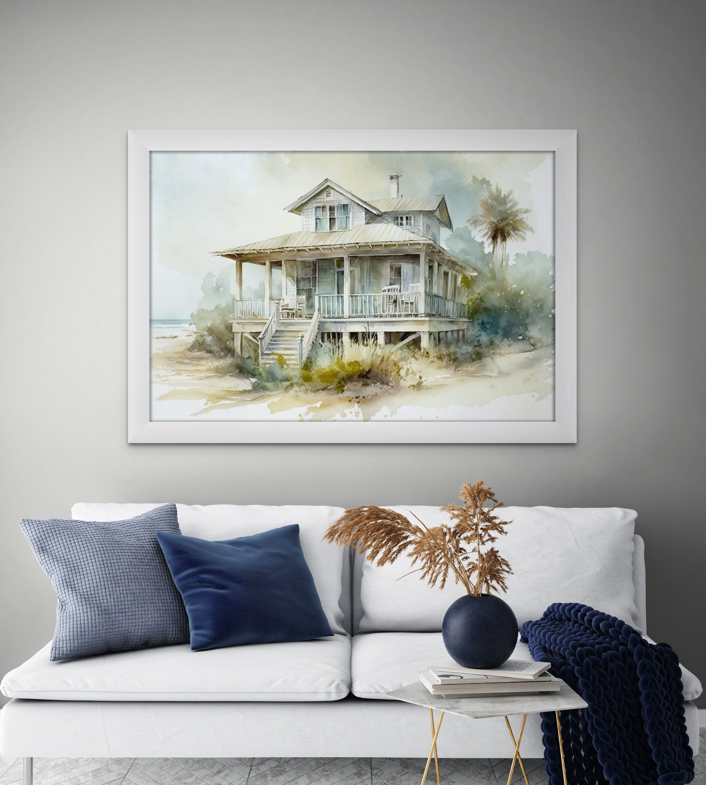 Coastal Beach House Watercolor, Ocean, Beach, Architecture, Seaside Art ...