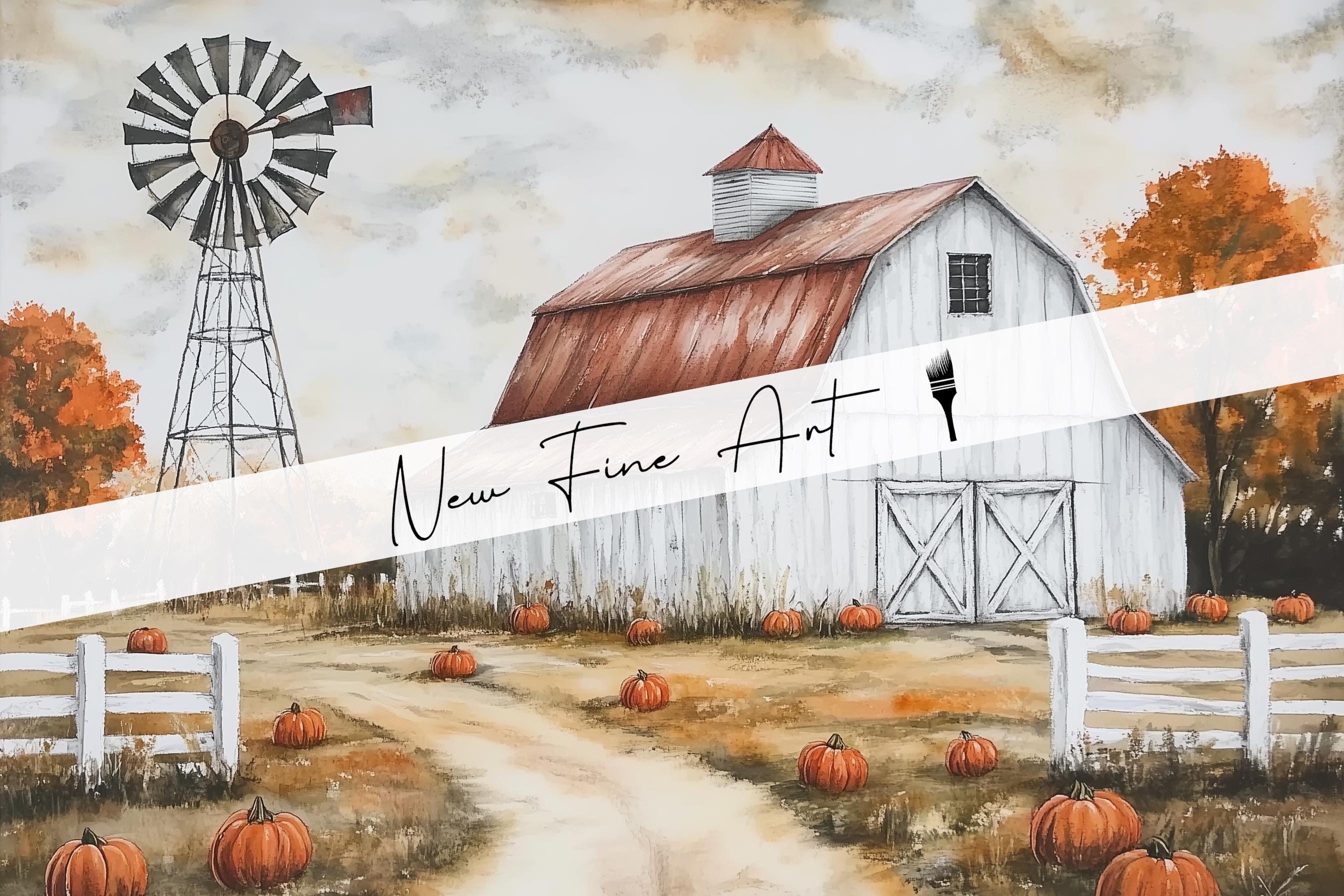 Rustic Fall Barn and Windmill Art Print With Pumpkins, Autumn Farmhouse ...