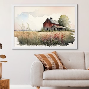 Farmhouse Red Barn Wall Art, Rustic Print, Flowers, Country Landscape ...