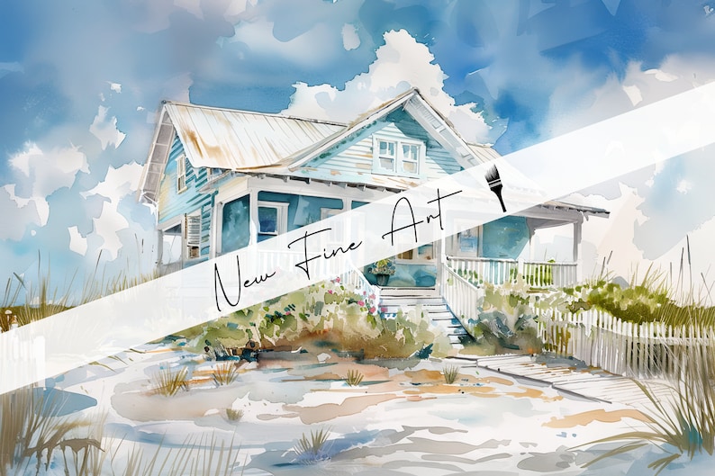 Rustic Seaside Beach Cottage Watercolor Art Print, Tranquil Coastal ...