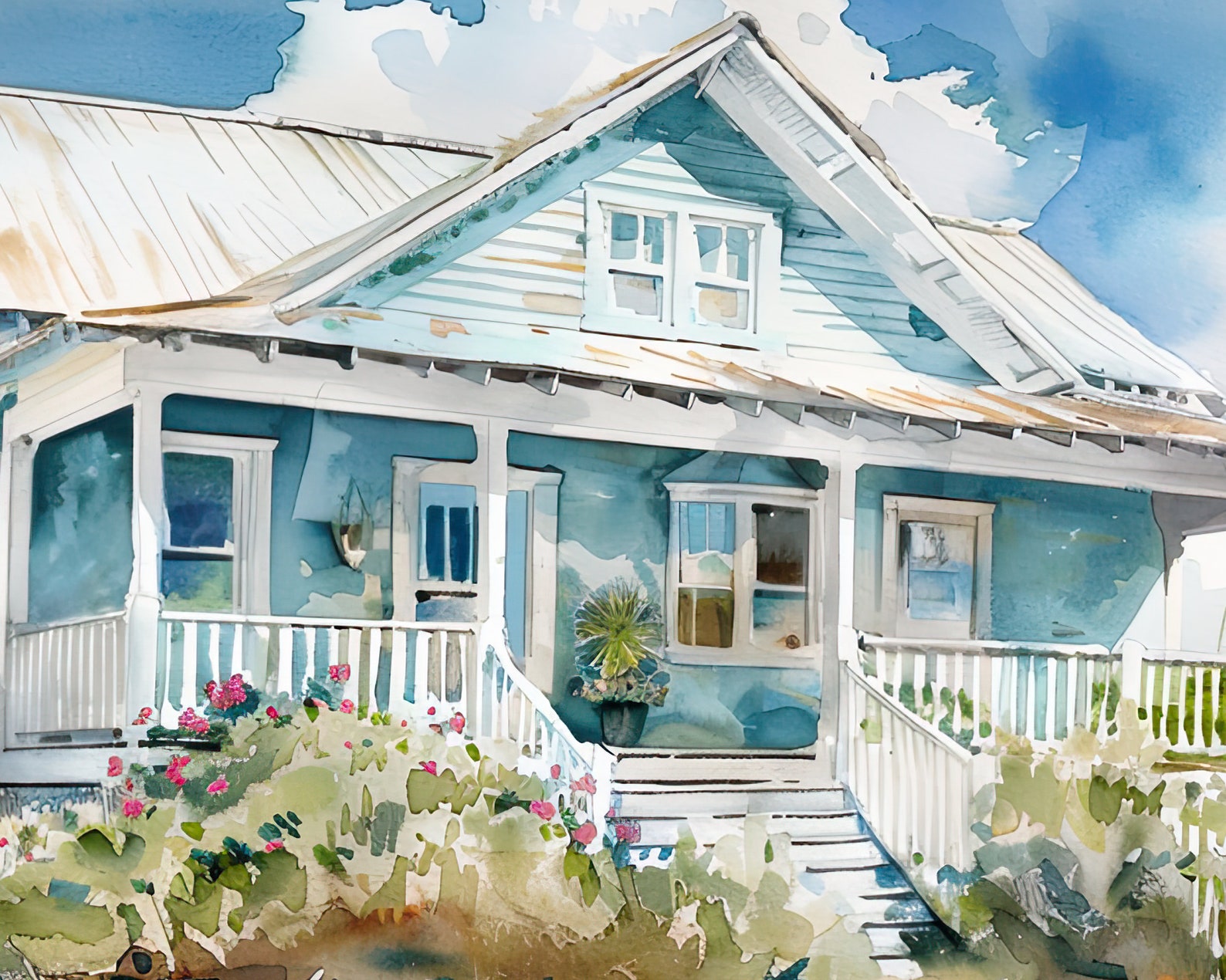 Rustic Seaside Beach Cottage Watercolor Art Print, Tranquil Coastal ...