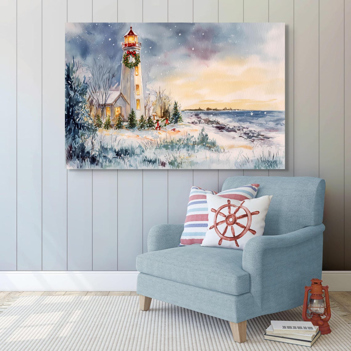 Christmas Lighthouse Wall Art Print – Coastal Holiday Beach Decor ...