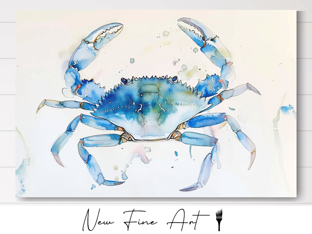 Coastal Chic Blue Crab Watercolor Painting Nautical Wall Art for Beach ...