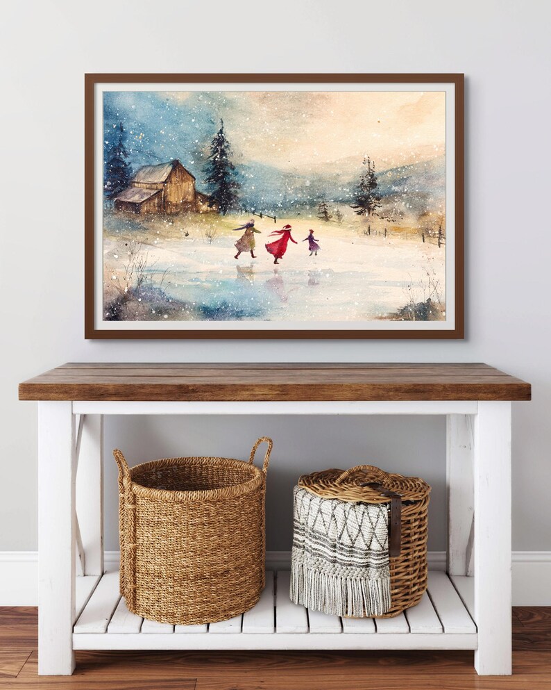 Art Print Winter Barn Ice Skating Family Snowy Landscape Watercolor - Etsy