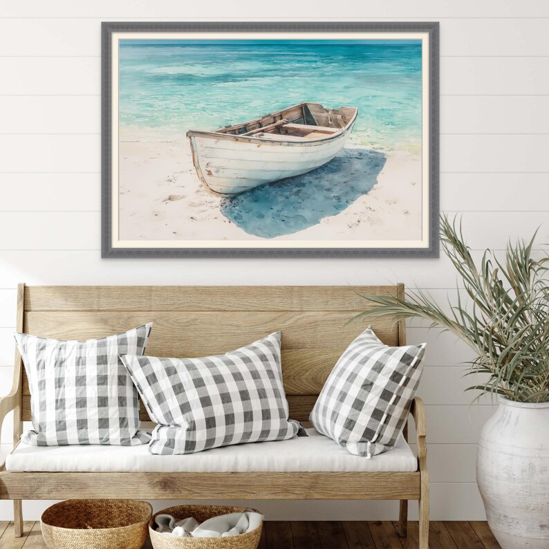 Wooden Rowboat on Tropical Shore • Coastal Beach Wall Art • Nautical ...
