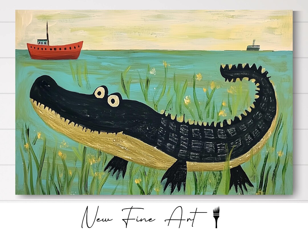 Alligator Wall Art - Hand-painted Folk Art Gator in Marsh - Quirky ...